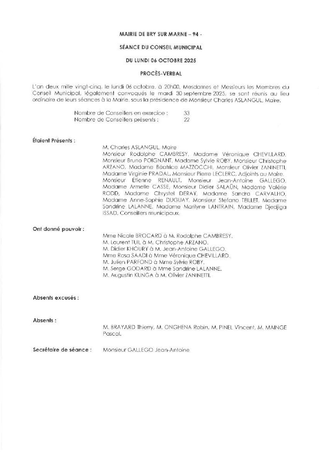 Conseil Municipal du 06 octobre 2025 – Ville de Bry-sur-Marne