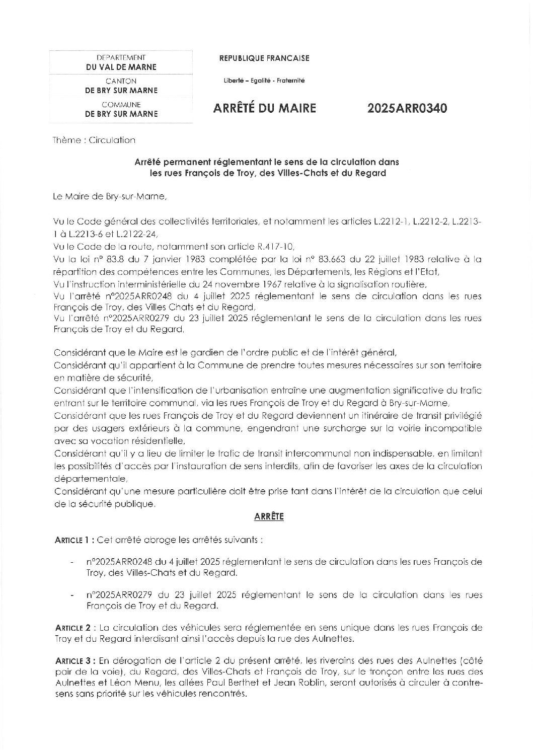 2025ARR0340 – Arrêté permanent réglementant le sens de la circulation dans les … – Ville de Bry ...