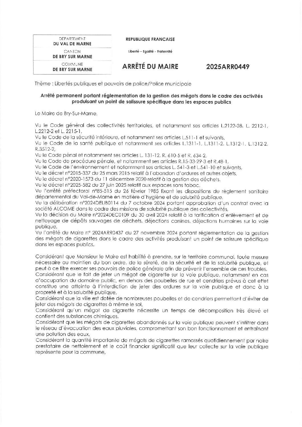 2025ARR0449 – Arrêté permanent portant réglementation de la gestion des mégots … – Ville de Bry ...
